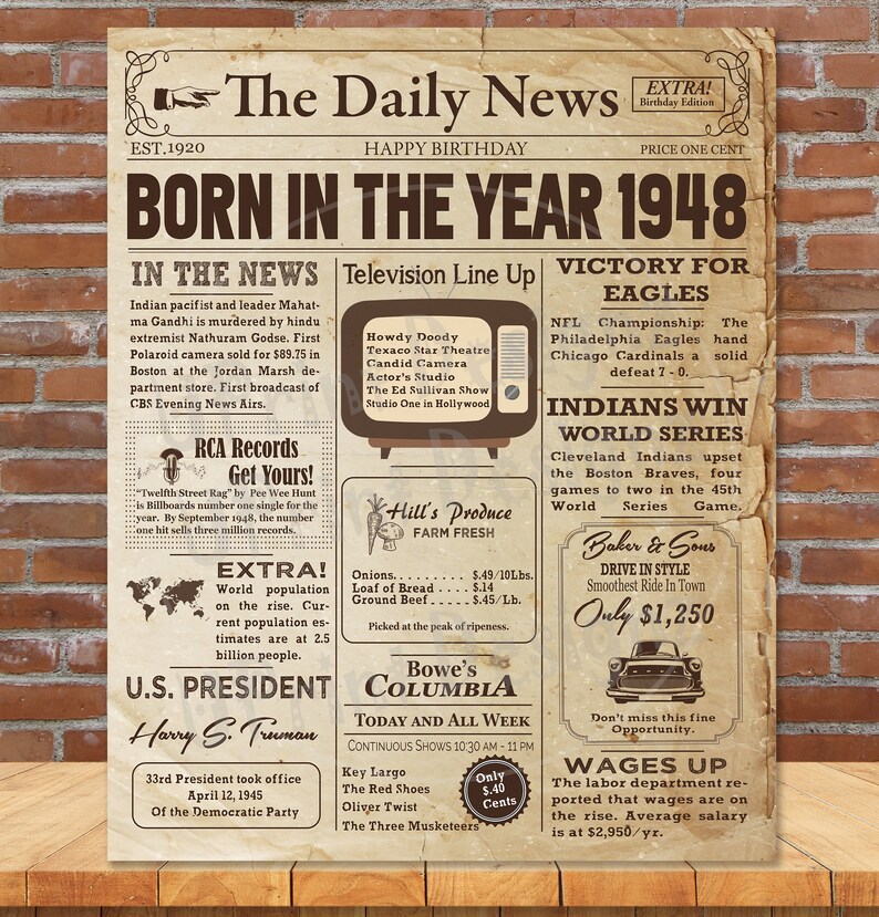 1948 Birthday NEWSPAPER 1948 Birthday Poster 1948 Birthday - Etsy