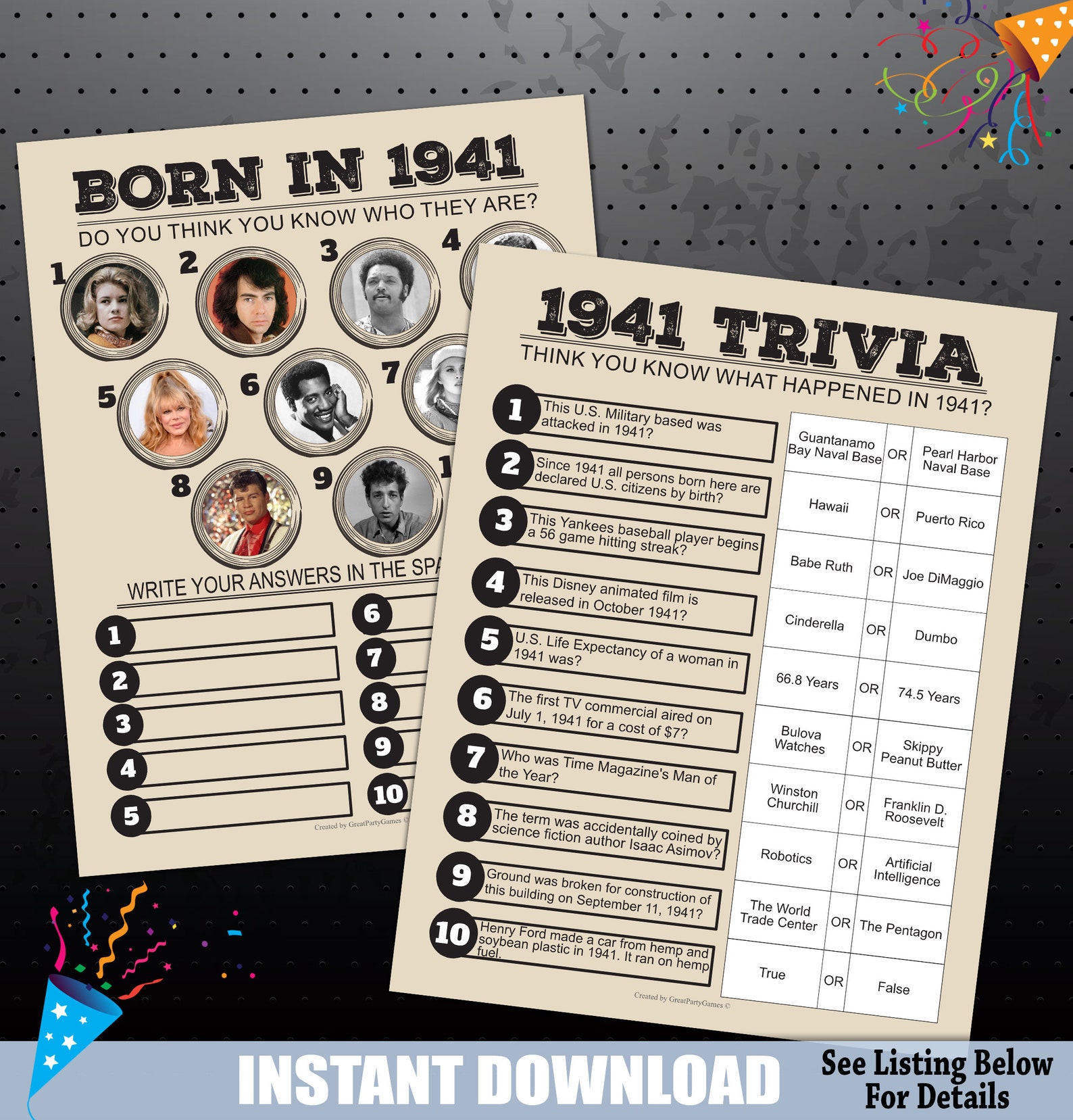 1941 Birthday Party Games, 1941 Birthday Party Trivia Game, Born in ...