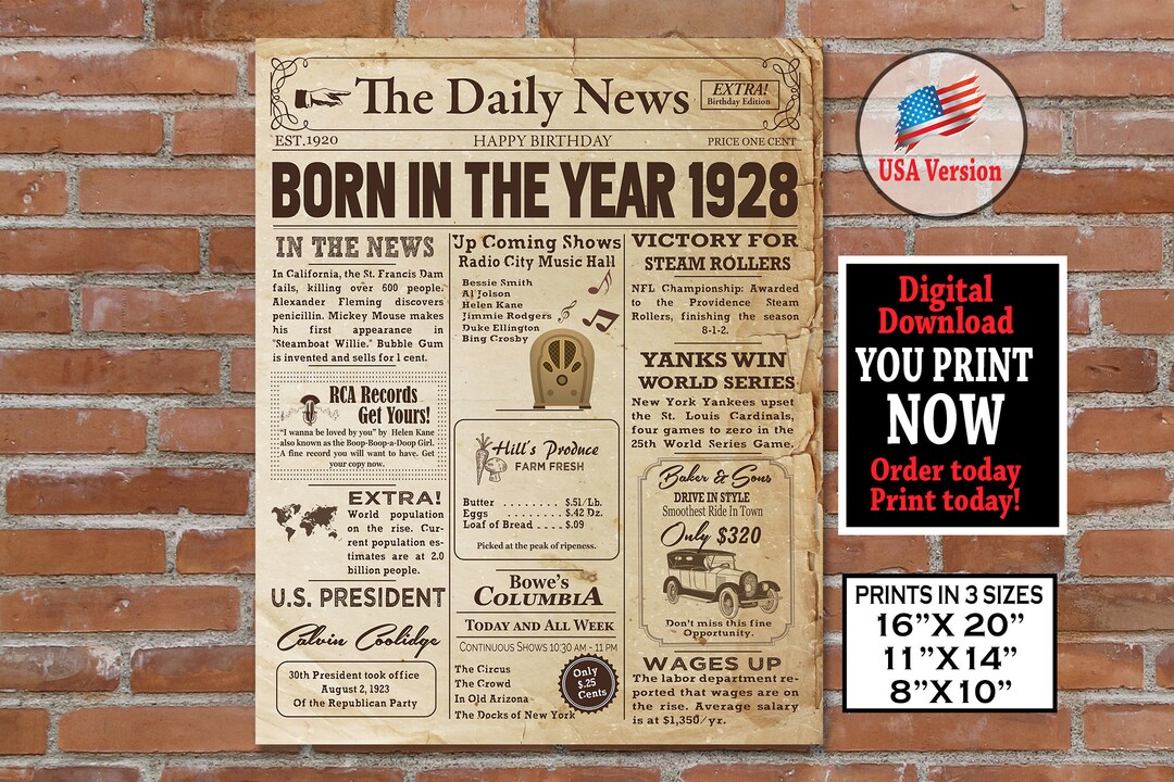 1928 Birthday NEWSPAPER Style Printable Poster With 1928 Birthday Facts ...