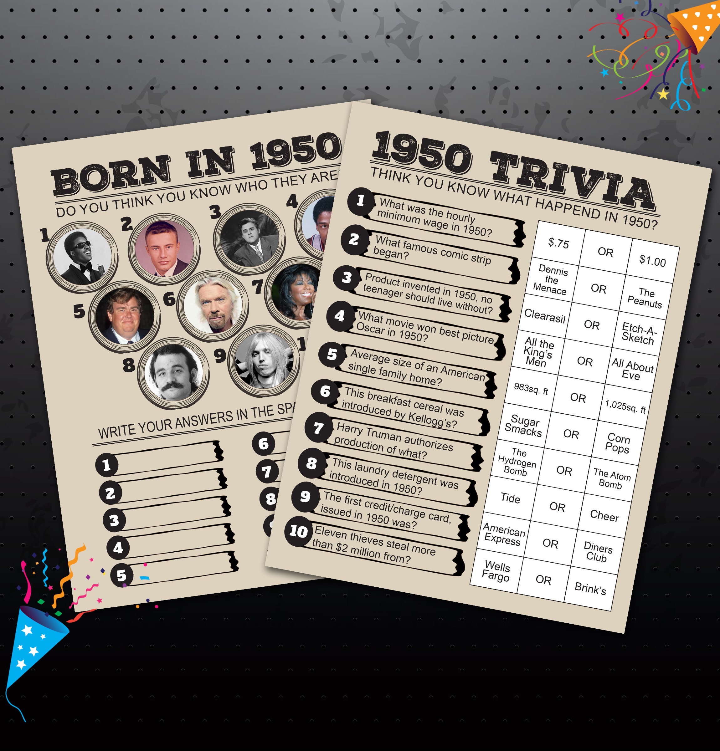 1950 Birthday Party Games, 75th Party Trivia Games, Born in 1950 Trivia ...