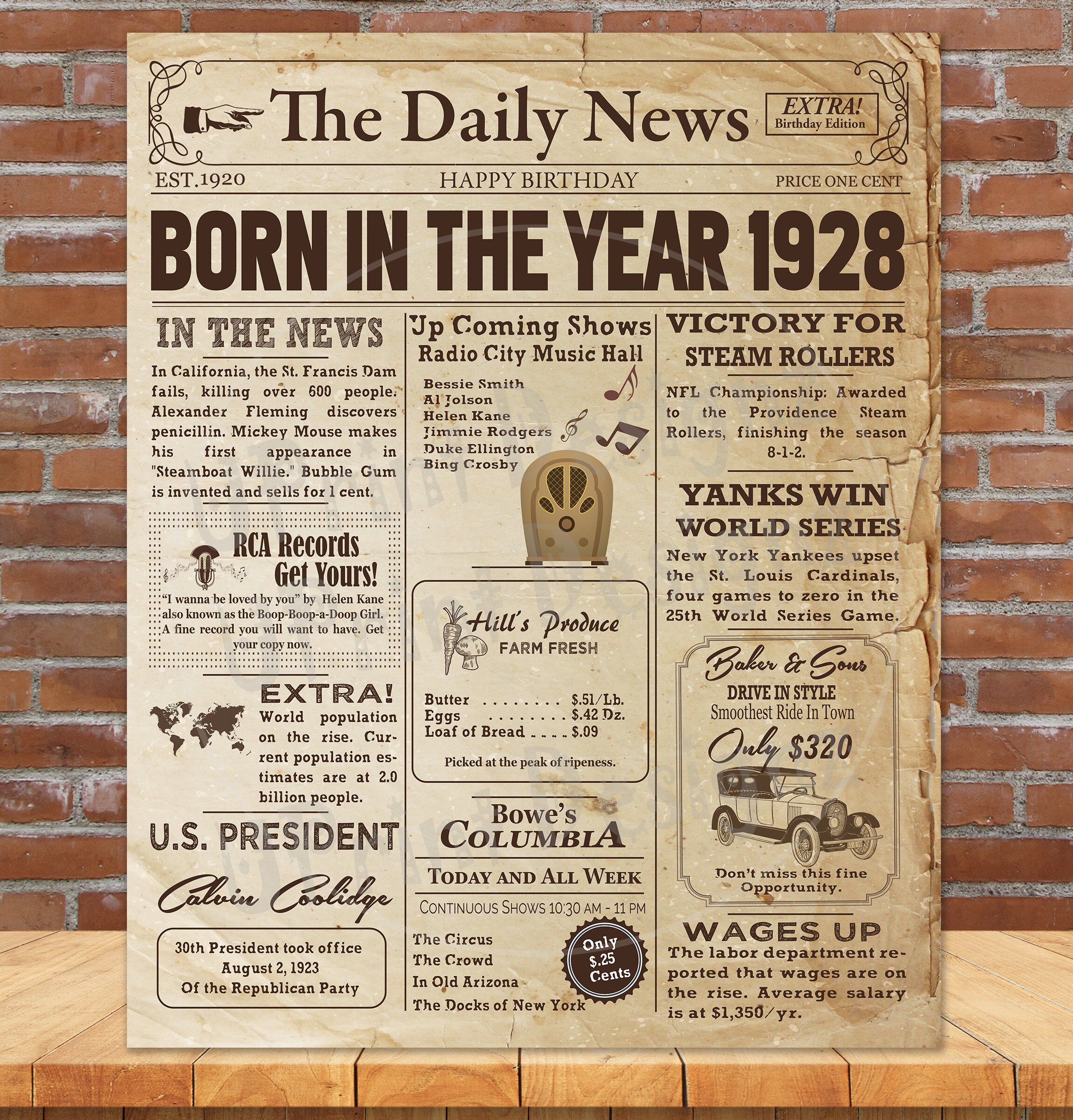 1928 Birthday NEWSPAPER Style Printable Poster With 1928 - Etsy