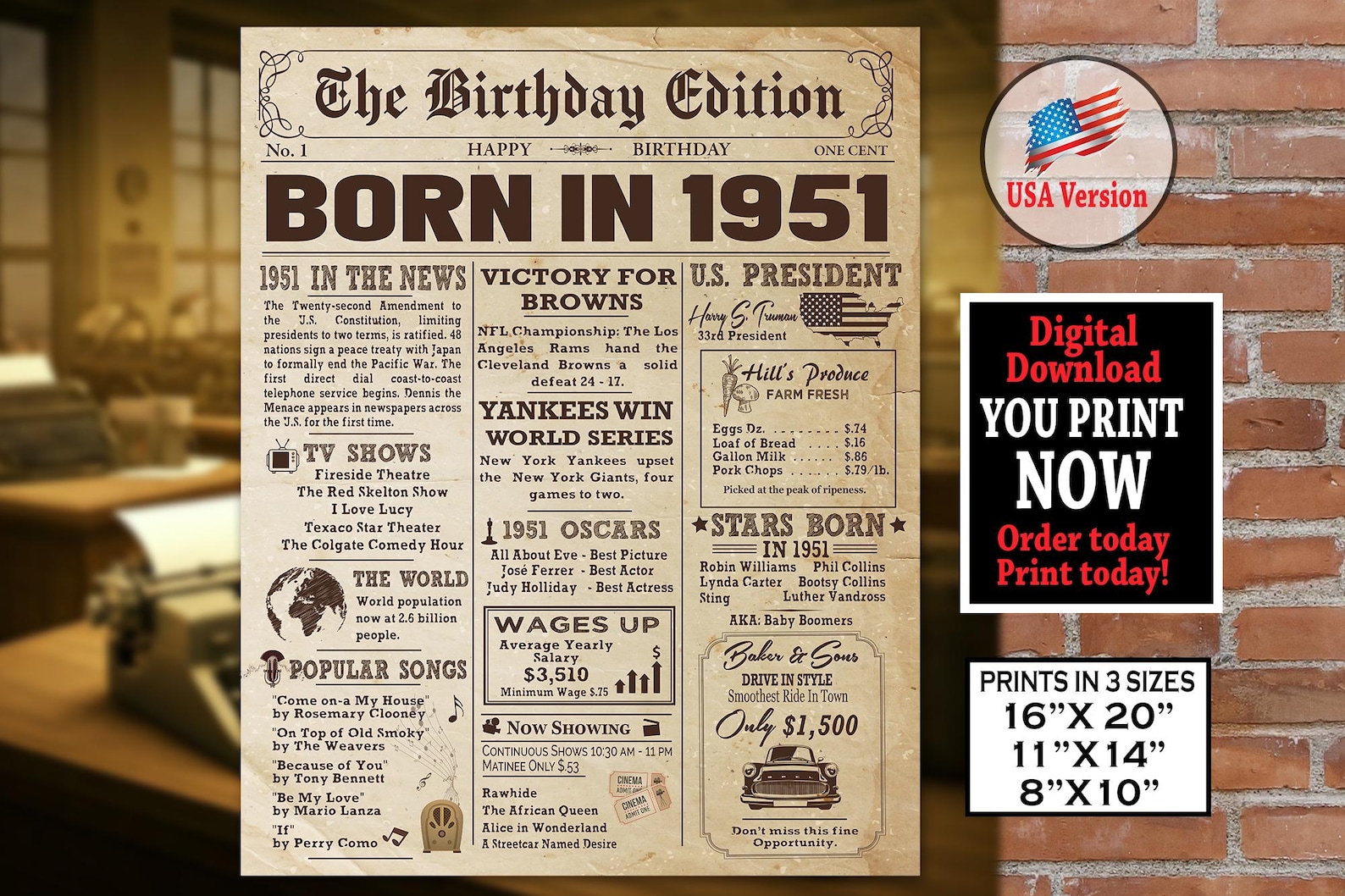 1951 Birthday NEWSPAPER | 1951 Birthday Poster | 1951 Adult Birthday ...