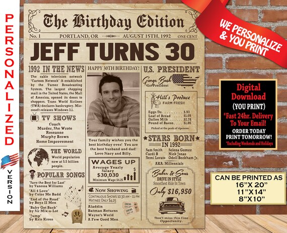 Prints Digital Prints Back in 1992 PRINTABLE 30th Birthday Sign 1992 ...