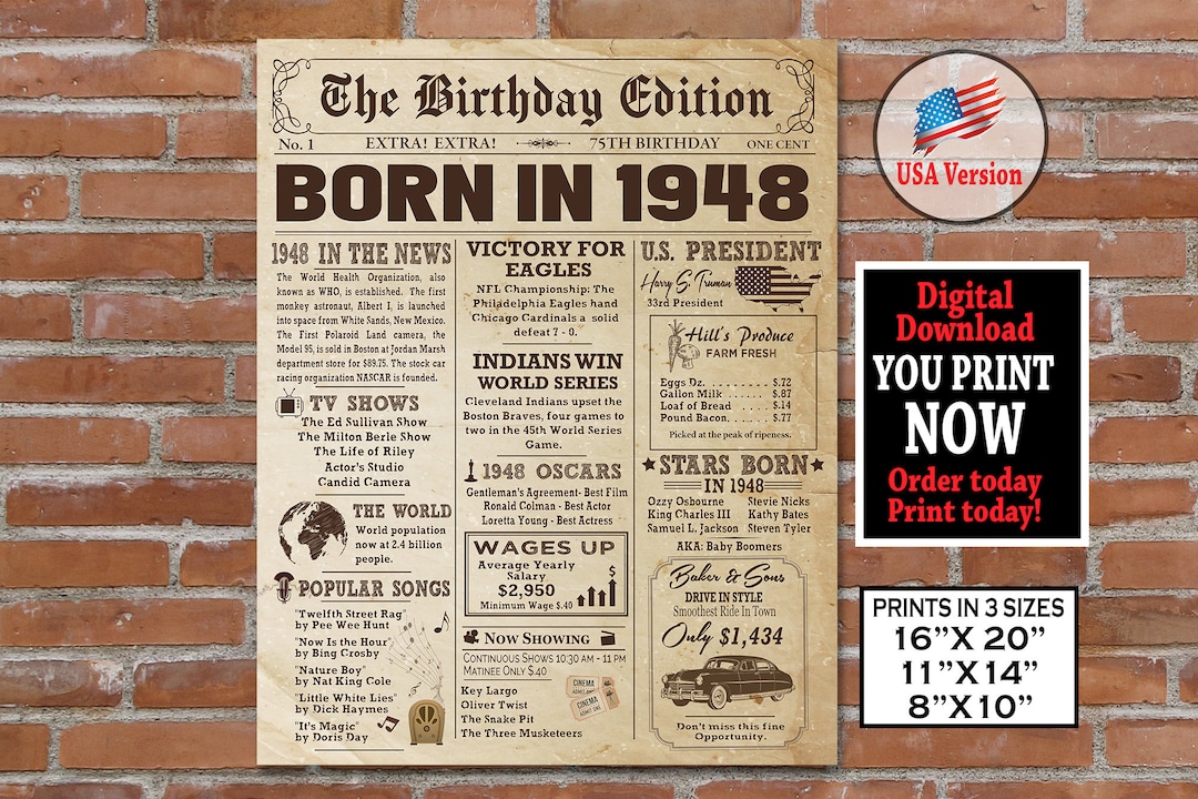 1948 Birthday NEWSPAPER 1948 Birthday Poster (Instant Download) - Etsy