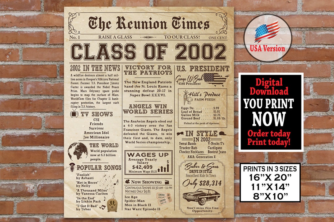 2002 Class Reunion NEWSPAPER Poster | 2002 Class Reunion | 2002 Facts ...