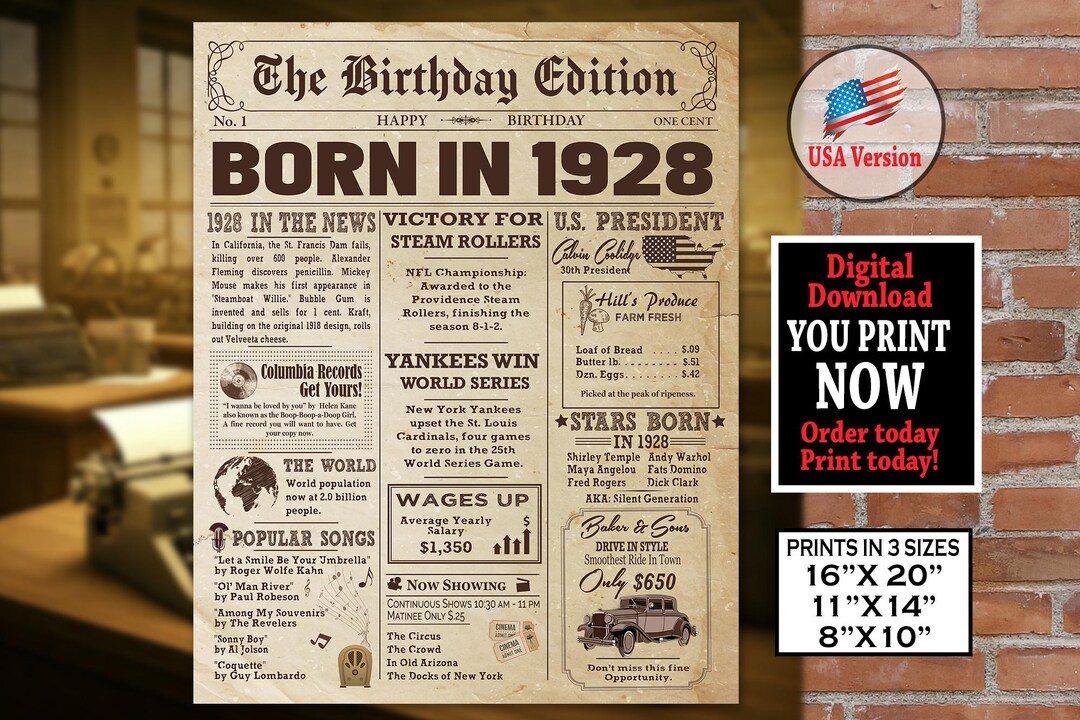 1928 Birthday Newspaper Style Printable Poster | 1928 Birthday Gift ...