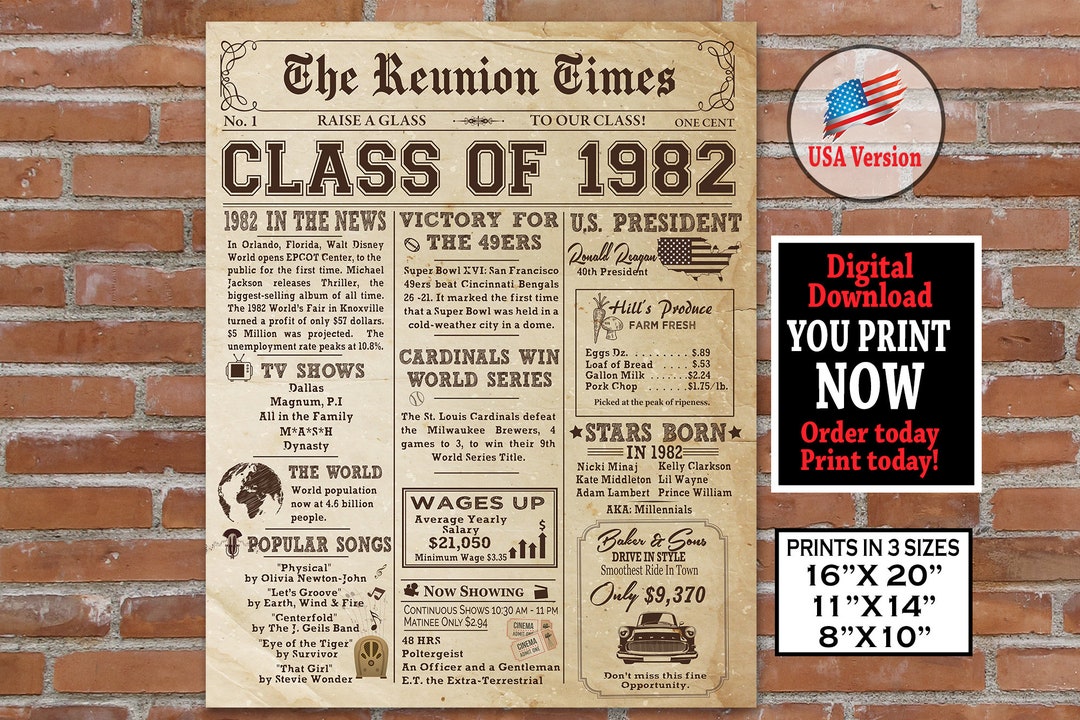 1982 Class Reunion NEWSPAPER Poster | 1982 Class Reunion | 1982 Facts ...