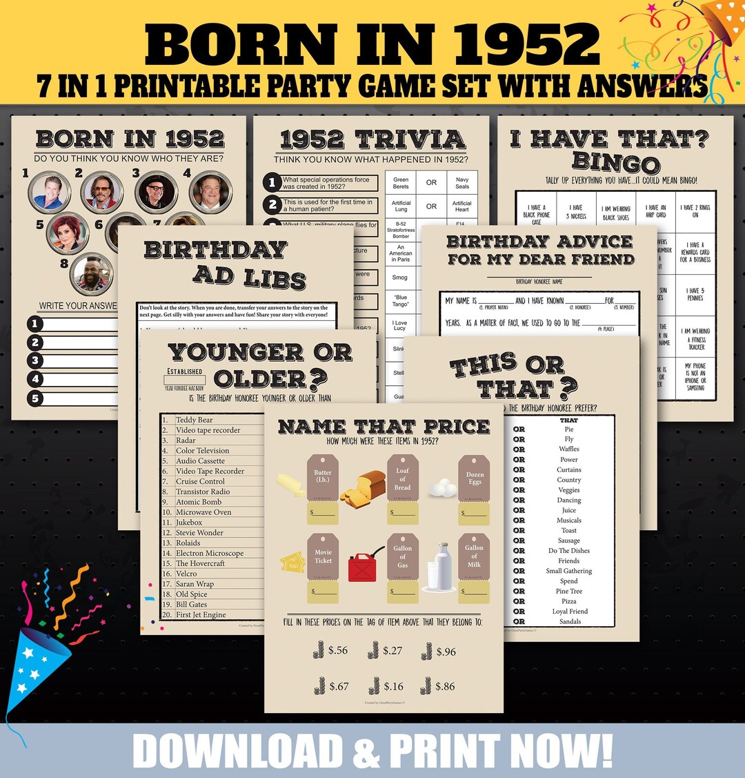 1952 Birthday Party Games, 1952 Party Trivia Games, Born in 1952 Trivia ...
