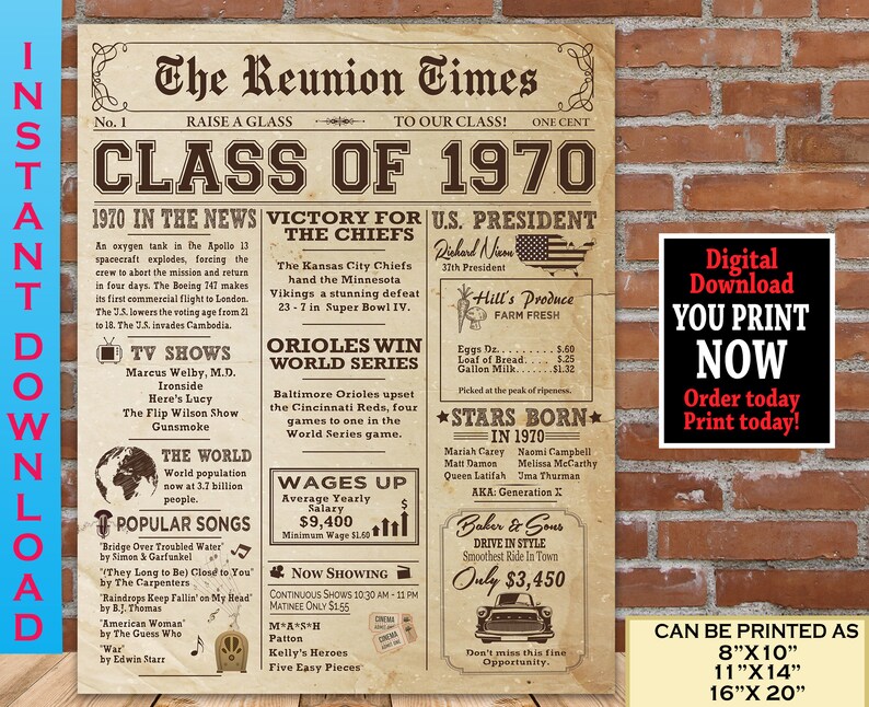 1970 Class Reunion NEWSPAPER Poster Class of Reunion 1970 - Etsy