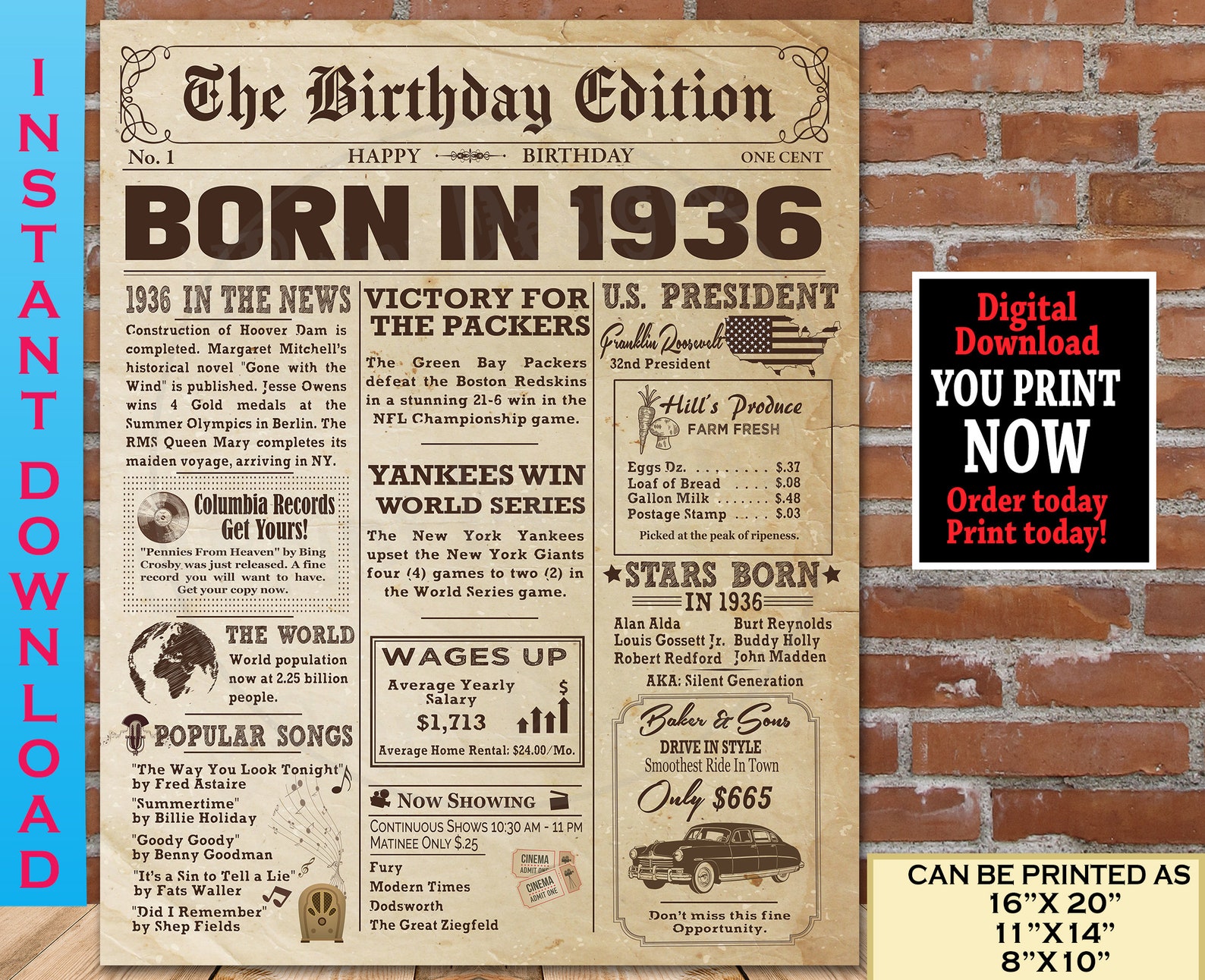 1936 Birthday NEWSPAPER Poster for 1936 Birthday Facts for | Etsy