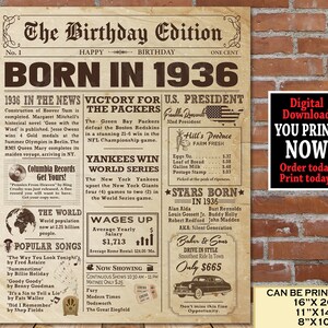 1936 Birthday NEWSPAPER Poster for 1936 Birthday, Facts for 1936 ...