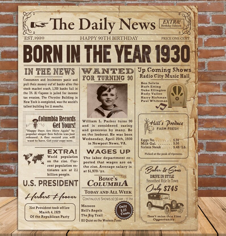 1930 Birthday NEWSPAPER Poster For 90th Birthday 1930 Facts Etsy 1930-birthday-newspaper-poster-for-90th-birthday-1930-facts-etsy