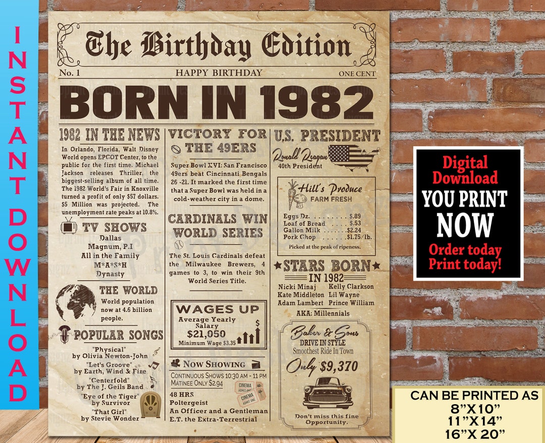 1982 Birthday Newspaper Poster, 1982 Birthday Party Decoration Sign ...