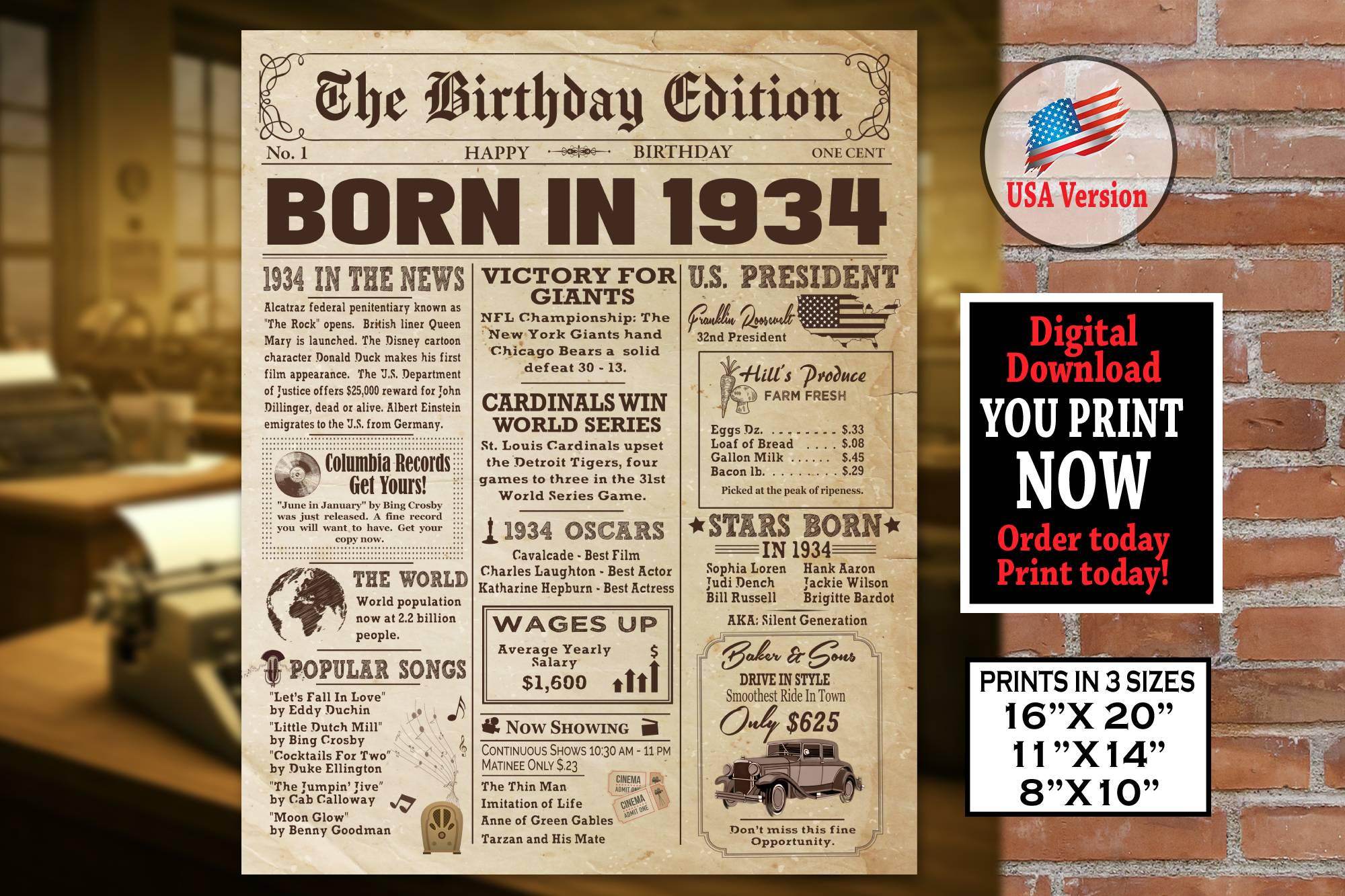 1934 Birthday NEWSPAPER Poster | 1934 Newspaper Facts for Adult ...