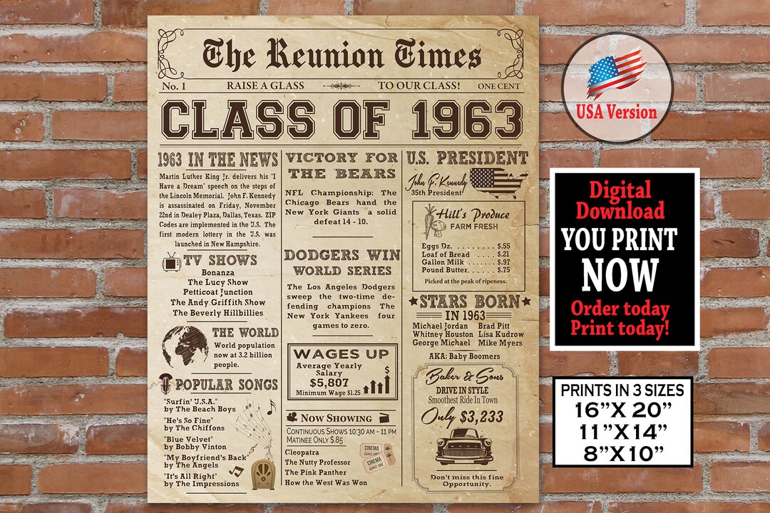 1963 Class Reunion NEWSPAPER Poster | 1963 Class Reunion | 1963 Facts ...