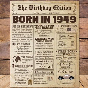 1949 Birthday NEWSPAPER | 75th Birthday Poster | 1949 Birthday Party ...