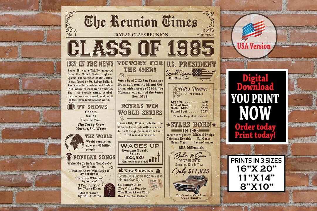 1985 Class Reunion NEWSPAPER Poster | 40th Class Reunion | 1985 Facts ...