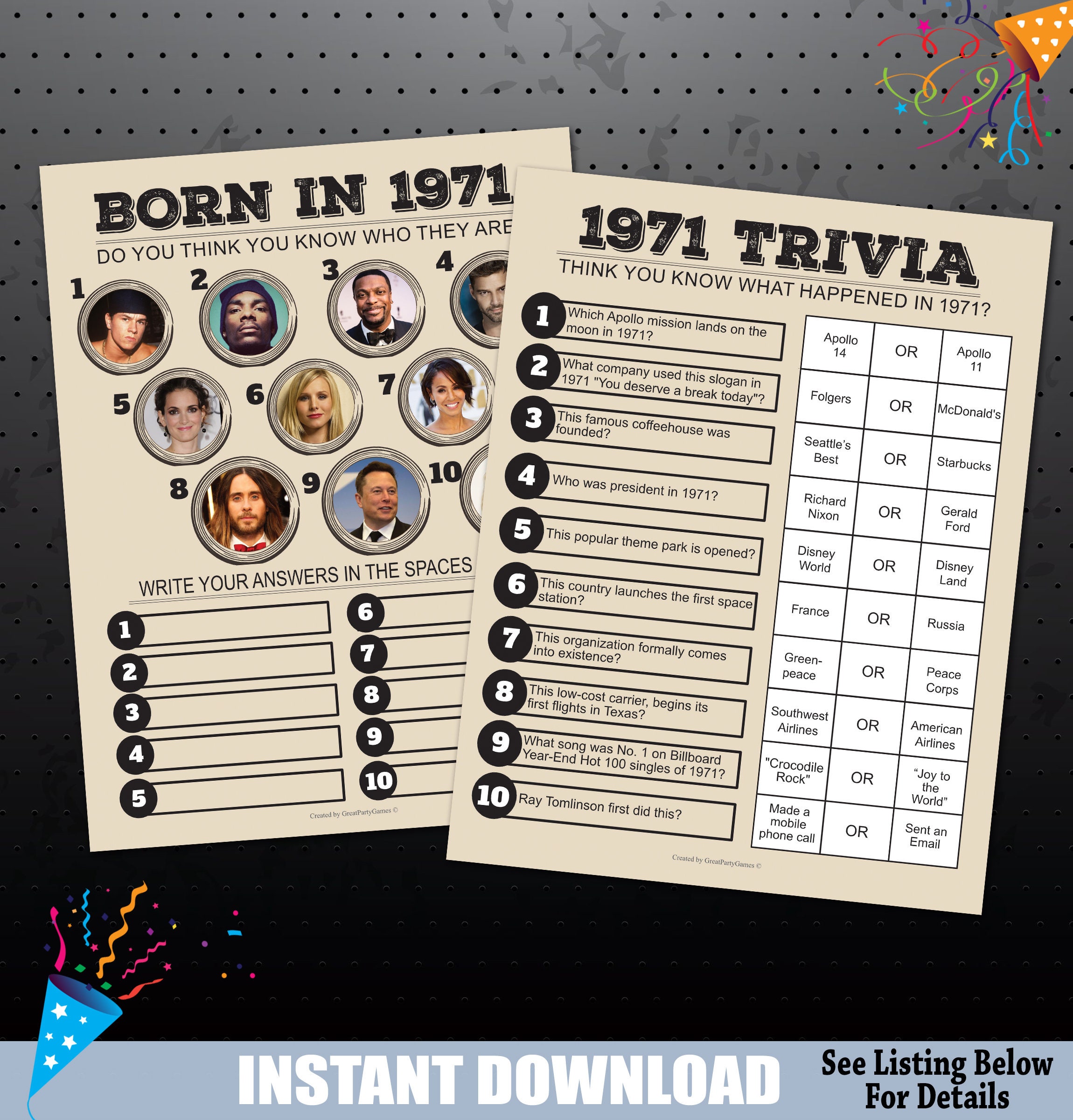 1971 Birthday Party Games,1971 Party Trivia Games, Born in 1971 Trivia ...