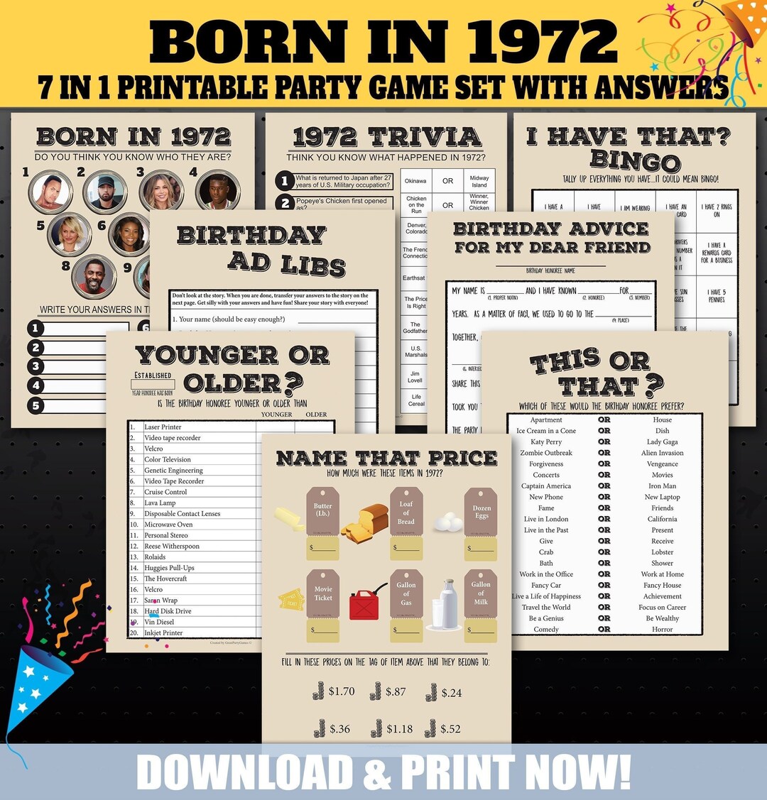 1972 Birthday Party Games, 1972 Party Trivia Games, Born in 1972 Trivia ...