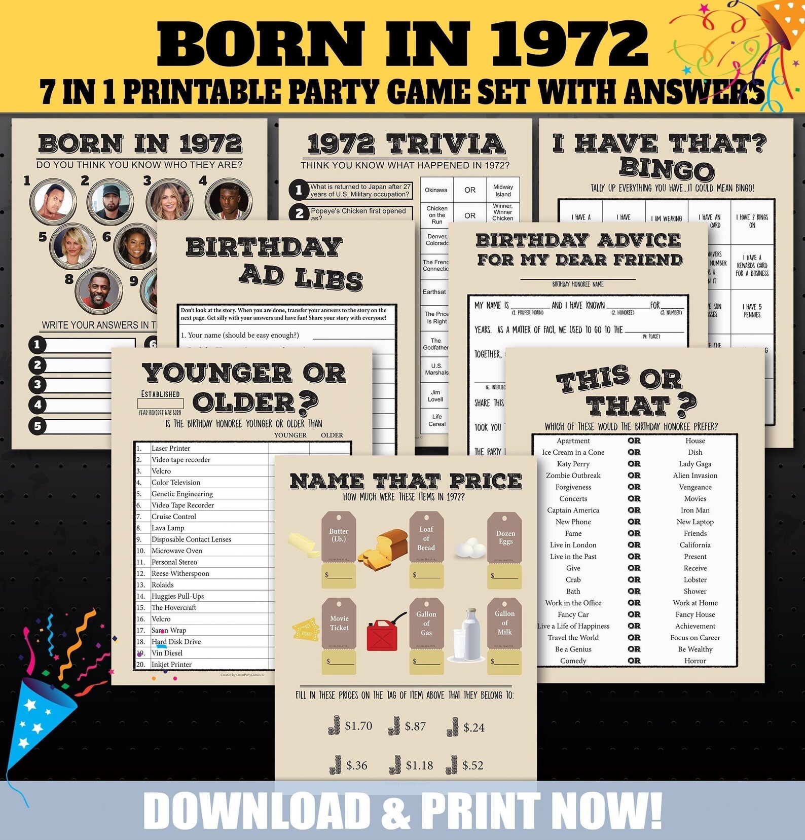 1972 Birthday Party Games 1972 Party Trivia Games Born in - Etsy