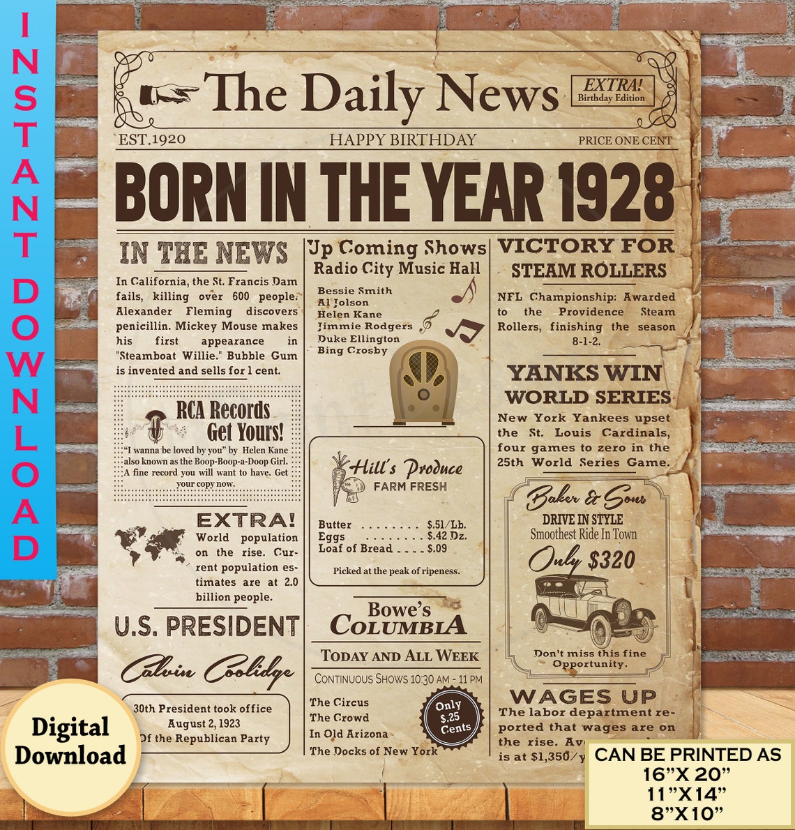 1928 Birthday NEWSPAPER Style Printable Poster With 1928 | Etsy