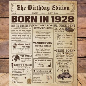 1928 Birthday Newspaper Style Printable Poster | 1928 Birthday Gift ...
