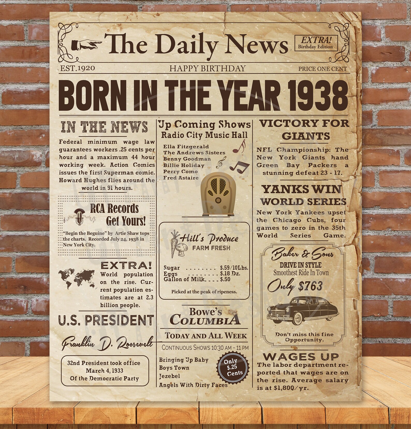 1938 Birthday NEWSPAPER Style Poster Party Decoration With | Etsy