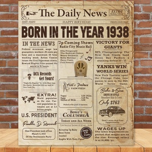 1938 Birthday NEWSPAPER Style Poster Party Decoration With | Etsy