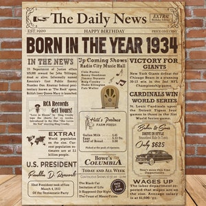 1934 Birthday NEWSPAPER Poster 1934 Newspaper Facts for Adult Birthday ...
