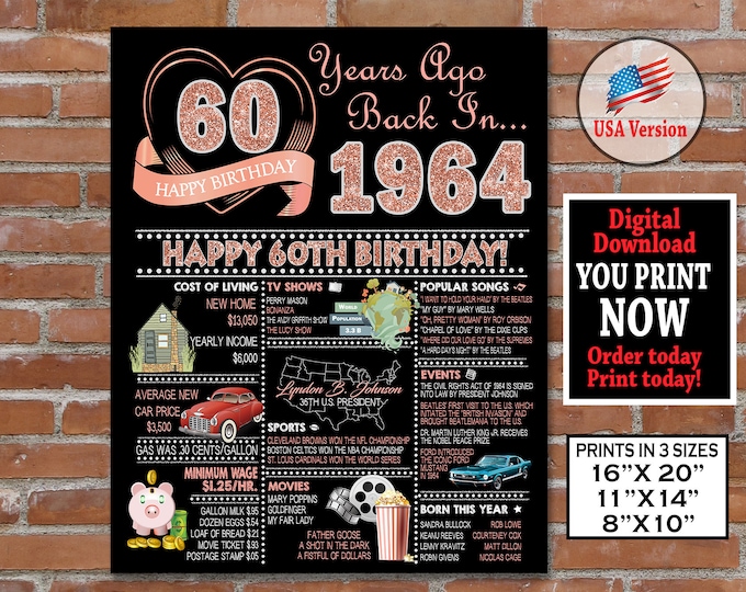 60th Birthday Poster Printable, 60 Birthday Board, 1964 Birthday Poster ...