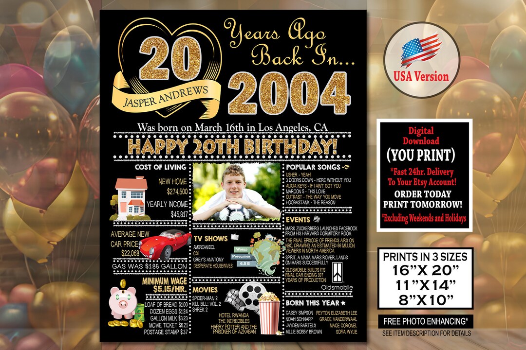 20th Birthday PHOTO Poster, 2004 Personalized GOLD 20th Birthday Sign ...