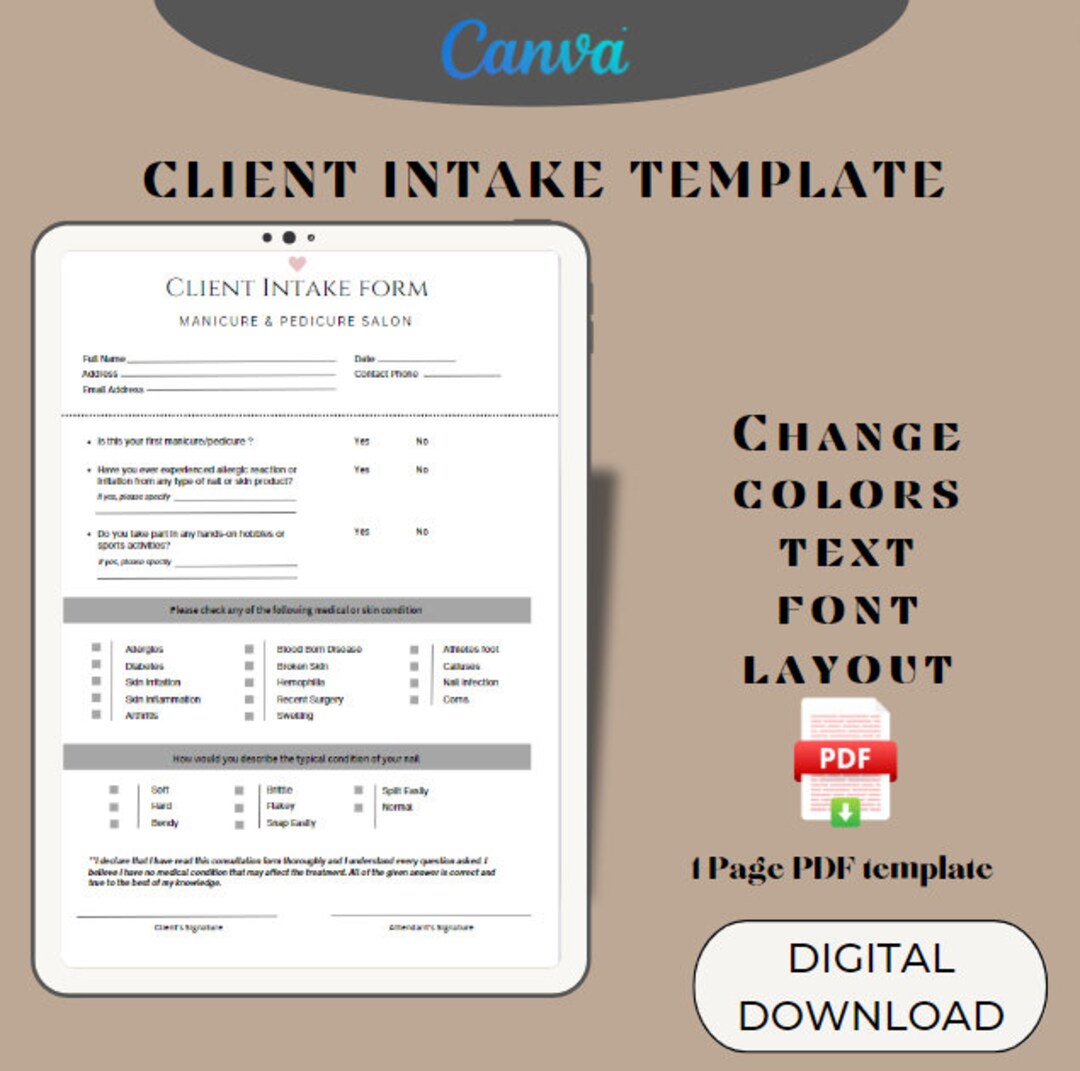 Client Intake Form for Manicure Pedicure Salon, DIY Editable Printable ...