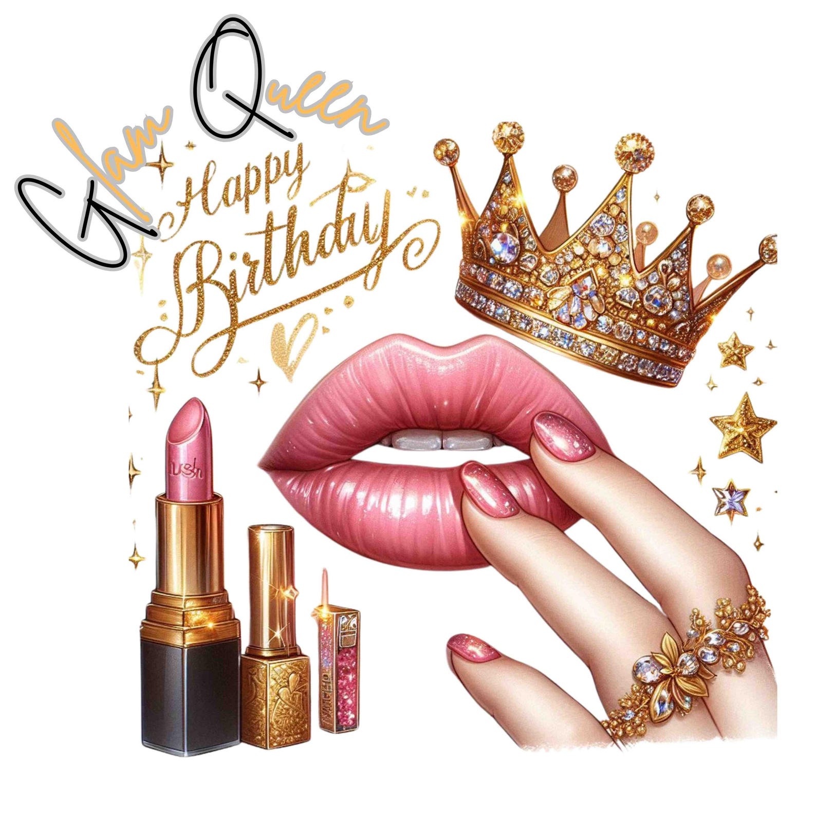 Glam Queen Happy Birthday PNG | Sparkling Crown & Lips Digital Print - Etsy