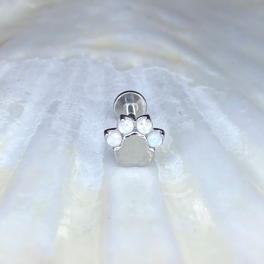 White Opal Gem PAW Print Top Implant Grade ASTM:F-136 Titanium Labret 1 ...