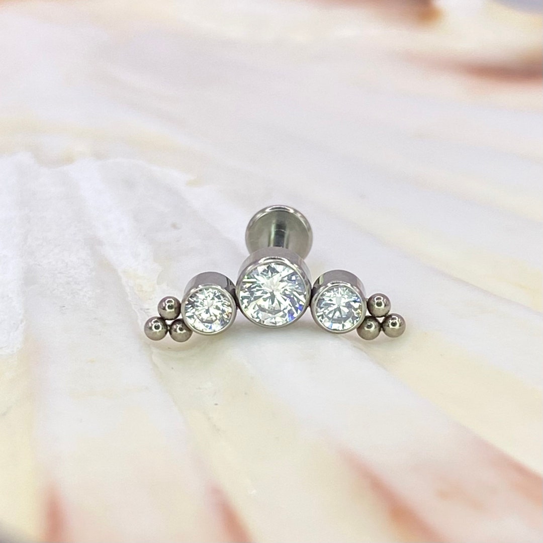 Clear Trio Gem 6 Beads Crescent Top Medical Grade ASTM:F-136 Titanium Labret Internal Thread ...
