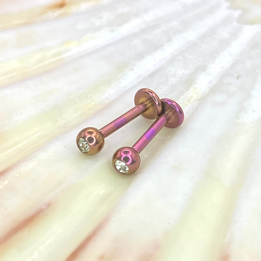 Pink ANODIZED Medical Grade ASTM F136 Titanium Internal Thread Gem Ball Top Labret PAIR Tragus ...