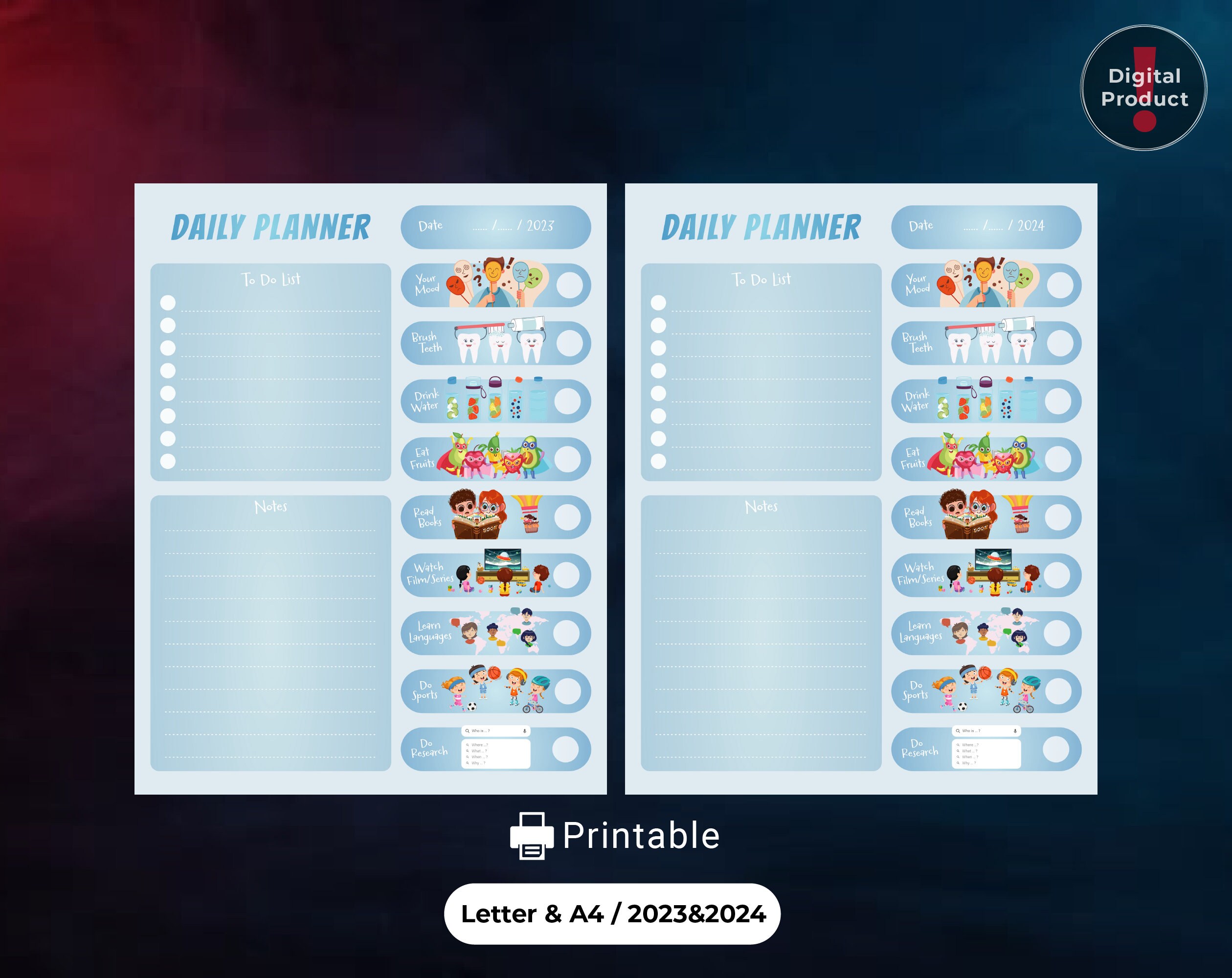 Daily Planner Printable Digital Download Blue, Daily Planner 2023 ...