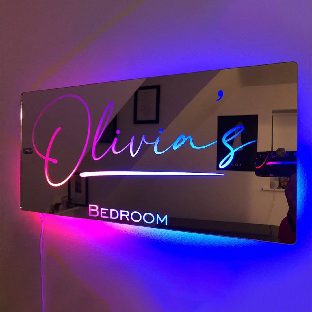 Personalised Name Mirror Sign Custom LED Illuminated Light Mirror Gifts ...