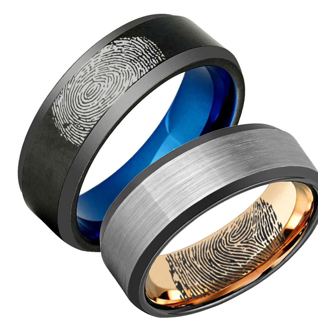 6MM Black Ring, Rose Gold Fingerprint Rings, Fingerprint Wedding Bands ...