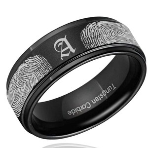 Men's Thumb Ring, Black Tungsten Wedding Fingerprint Mens Ring ...
