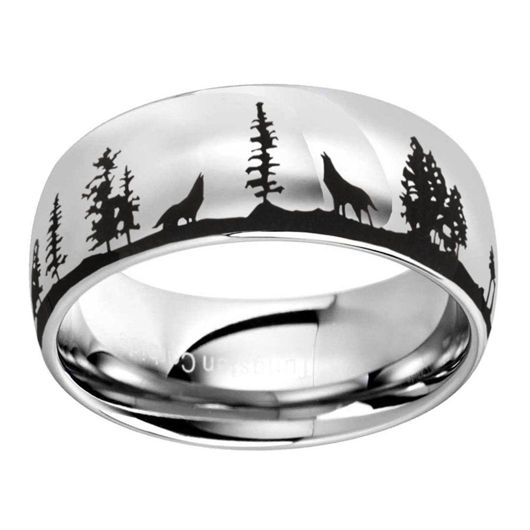 Howling Wolf Wedding Ring, Dome Gray Tungsten Wolves in Forest ...