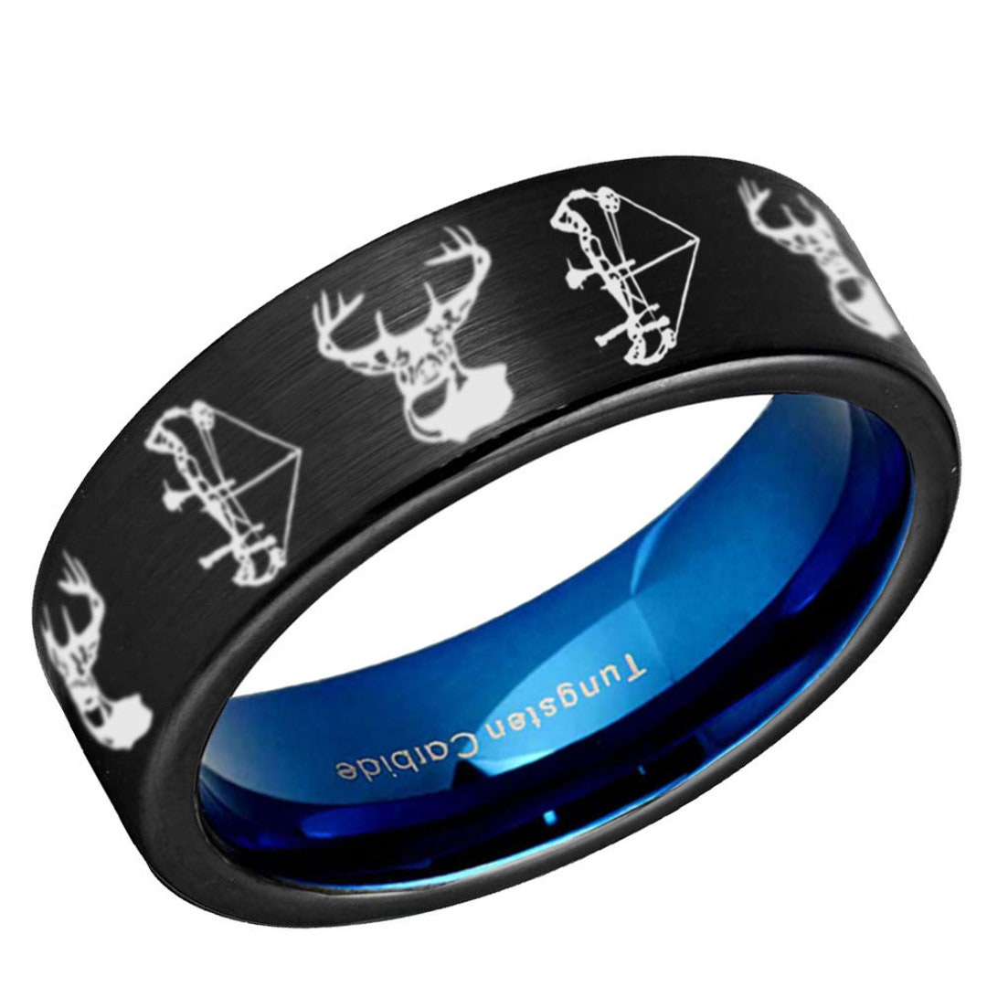 ELK Deer Bow Hunting Ring, 8mm Black Tungsten Deer Head Engagement Ring ...