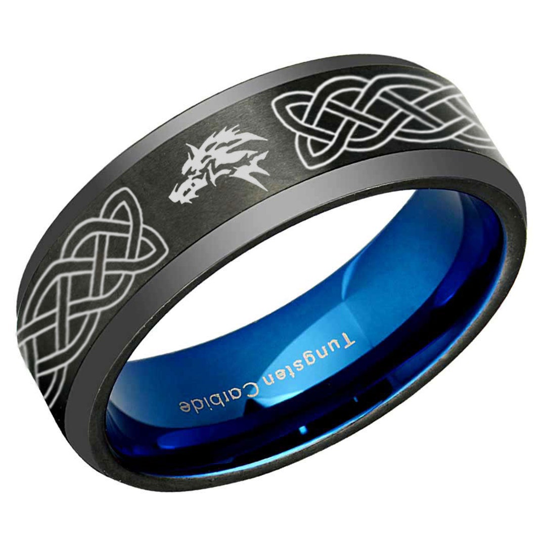 6, 8mm Celtic Wolf Tungsten Ring, Bevel Blue Black Tungsten Celtic Knot Mens Wedding Band ...