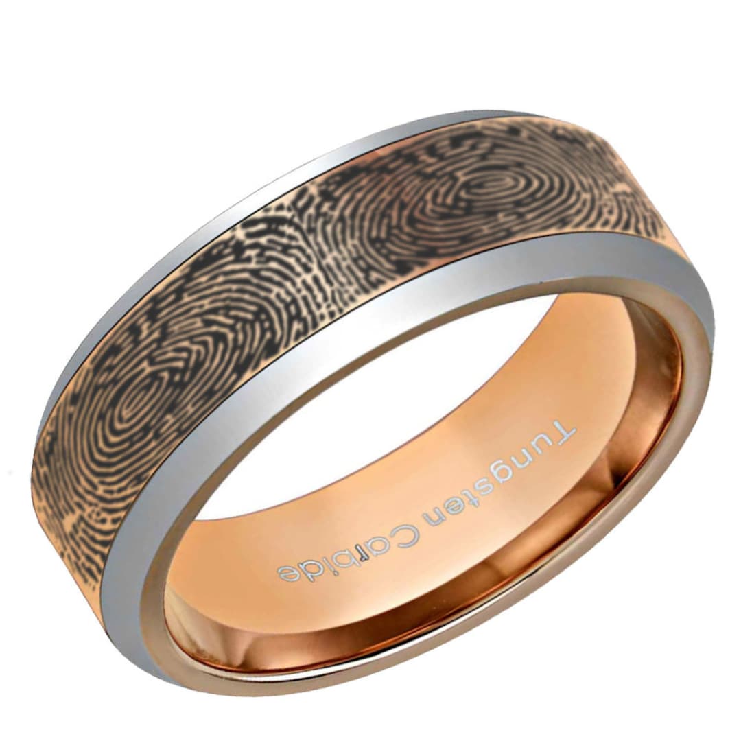 Tungsten Wrap Around Fingerprint Rings, 8mm Rose Gold Beveled Tungsten ...
