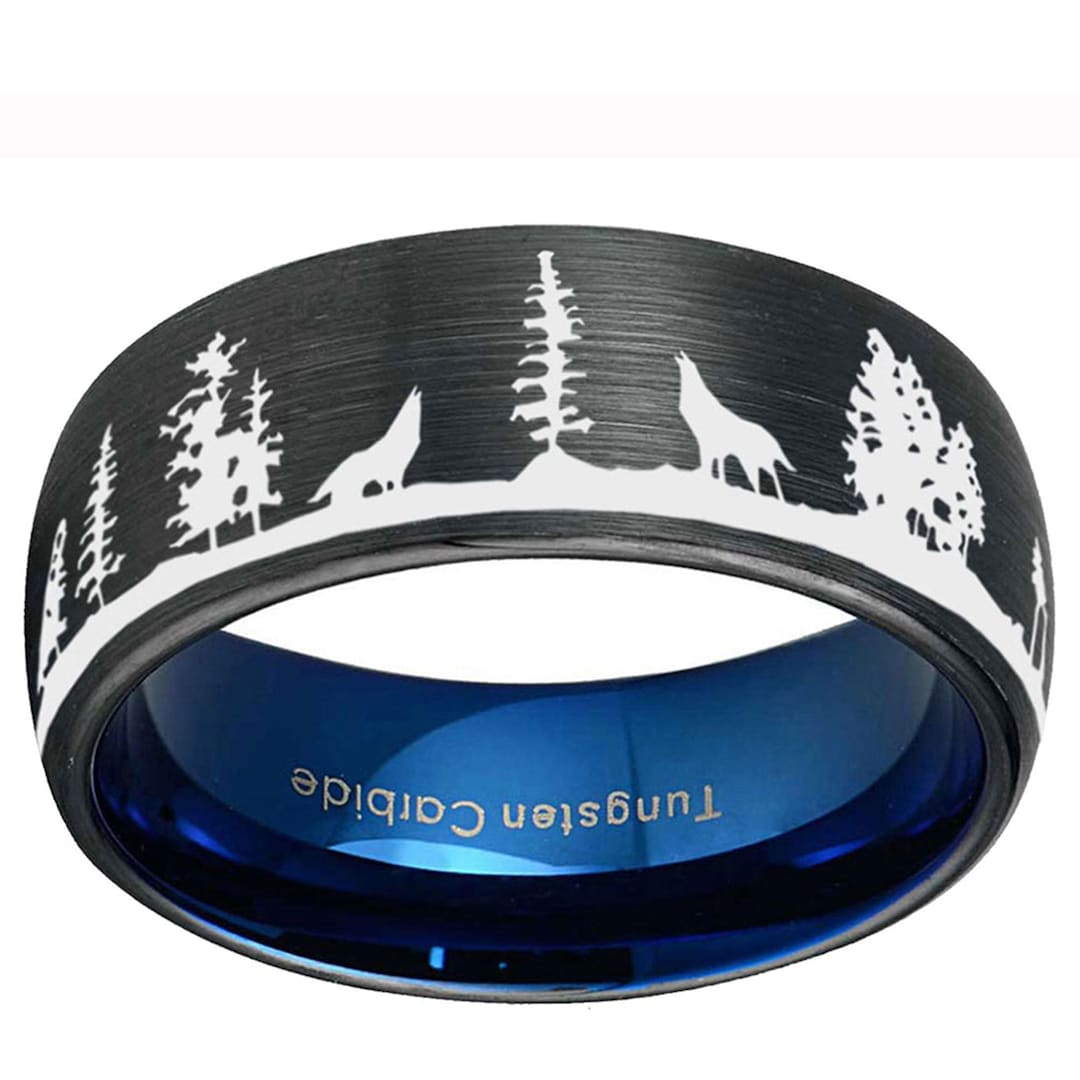 Howling Wolf Rings, Landscape Scene Ring, 6, 8mm Dome Blue Black Tungsten Wolves Wedding Ring ...