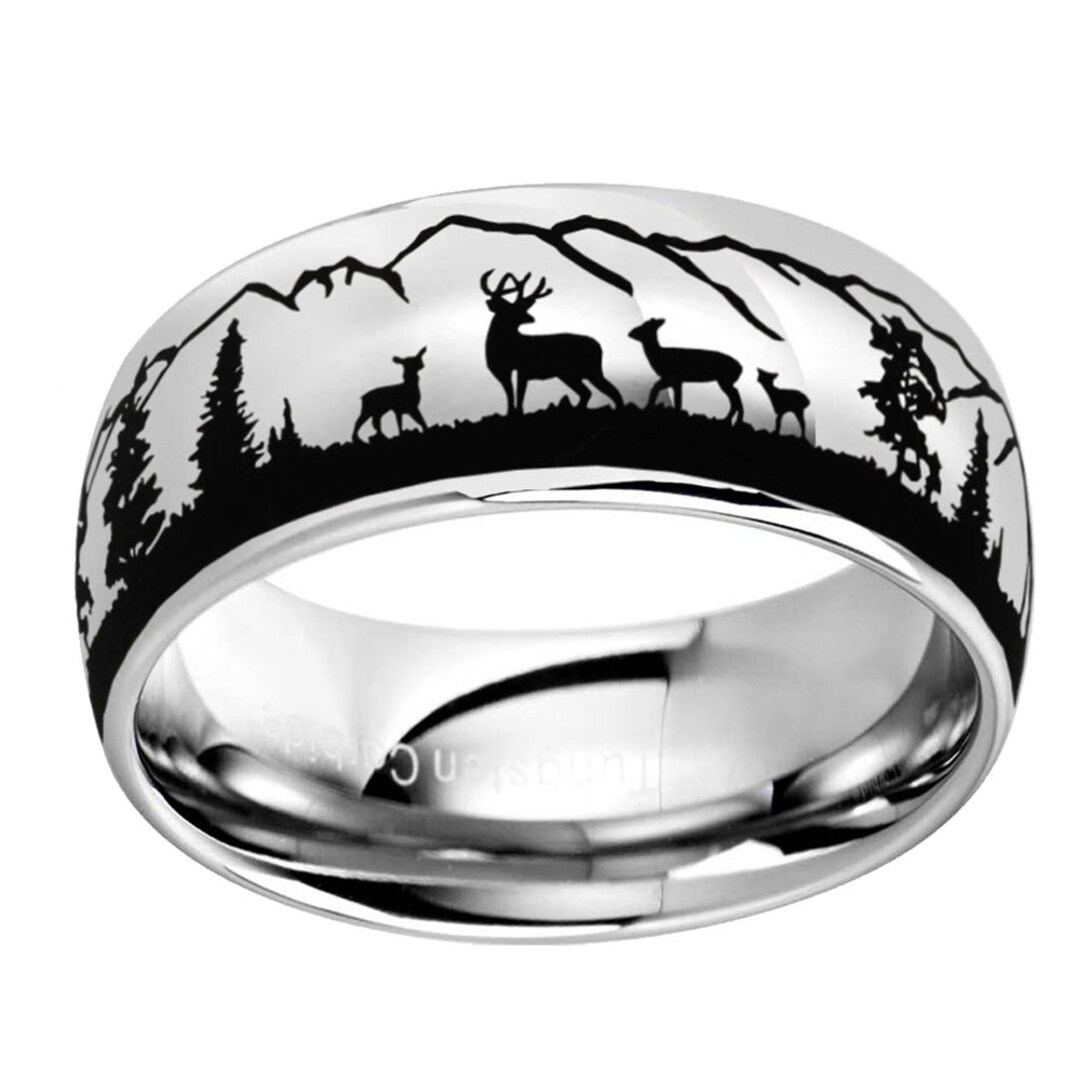 5 to 8mm Deer Hunting Ring, Dome Silver Tungsten ELK Forest Ring ...