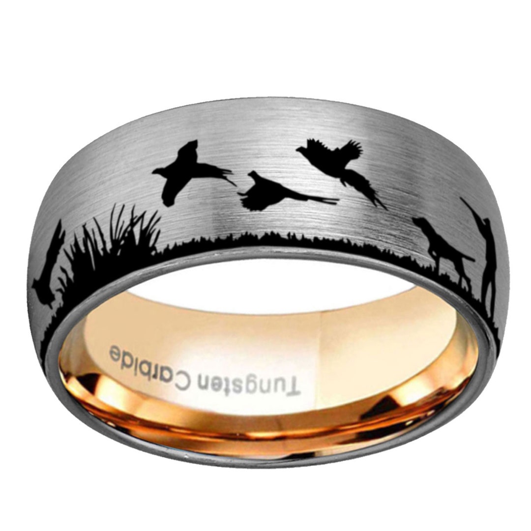 Pheasant Hunting Ring, Gray Tungsten Wedding Band, Nature Outdoor Ring ...