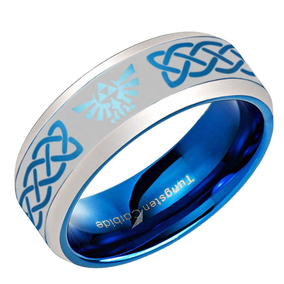 Celtic Zelda Triforce Ring, Zelda Wedding Bands, Blue Tungsten Triforce ...