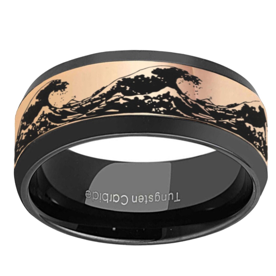 Tungsten Ocean Wave Ring, Black Beveled Rose Gold Tungsten Mens Wave ...