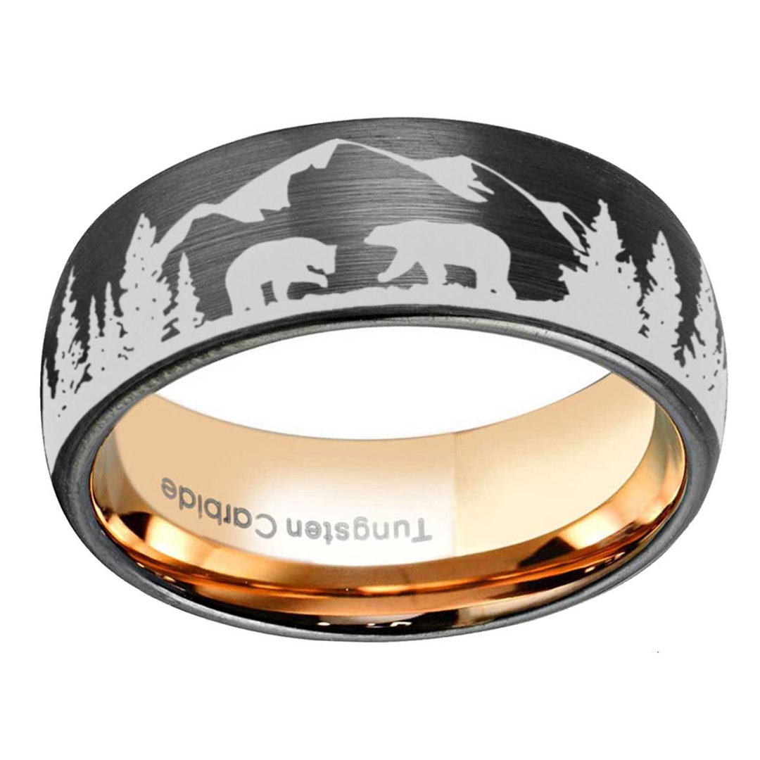 6, 8mm Tungsten Two Bear Wedding Ring, Dome Black Rose Gold Tungsten ...